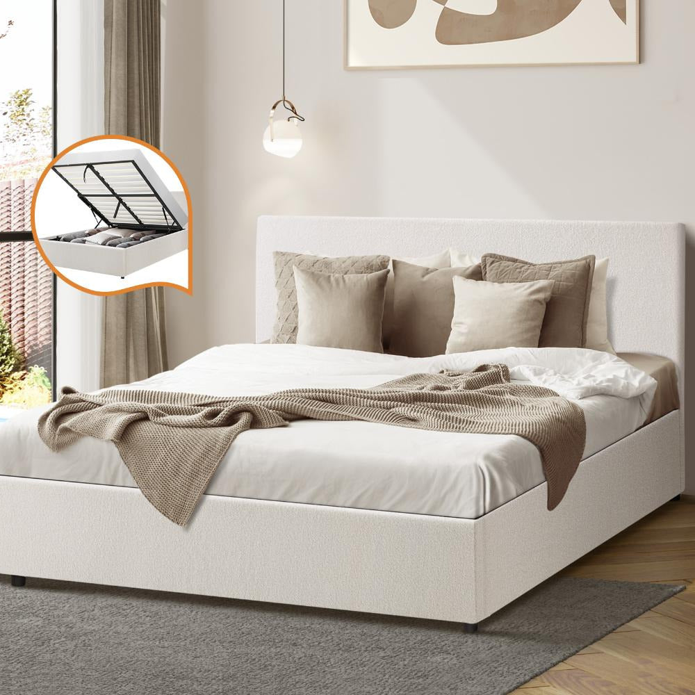 Premium Milano White Boucle Fabric Gas Lift Storage Bed | Two In One B ...